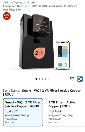 Aquaguard Neo Pro RO+UV 2X WQI Smart Water Purifier | 2 Year Filter ...
