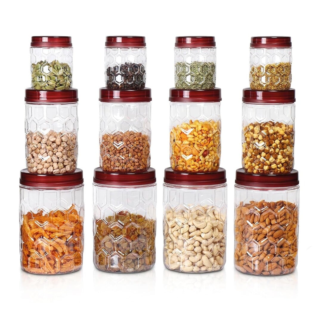 MILTON Hexa Plastic Storage Jar Set of 12 (4x270ml, 4x665ml, 4x1.24L ...