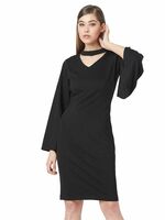 Miss Chase Women's Black V-Neck Flared Sleeve Solid Bodycon Knee-Long ...